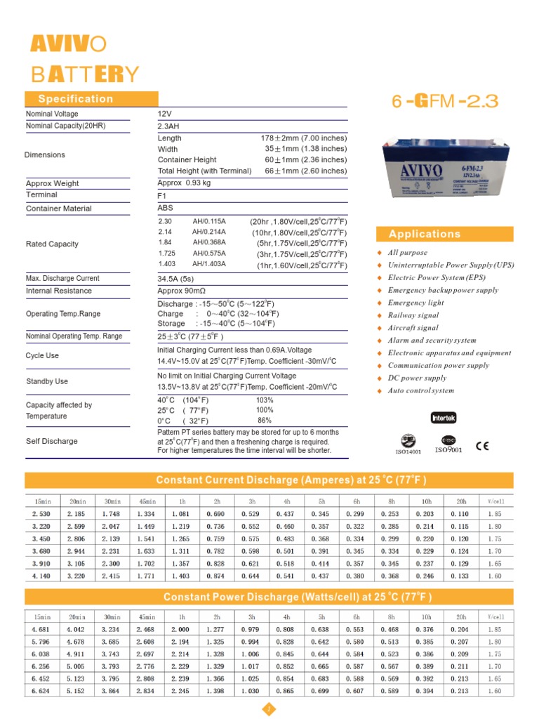 Specifications and performance characteristics of a 12V 2.3AH lead-acid rechargeable battery ...
