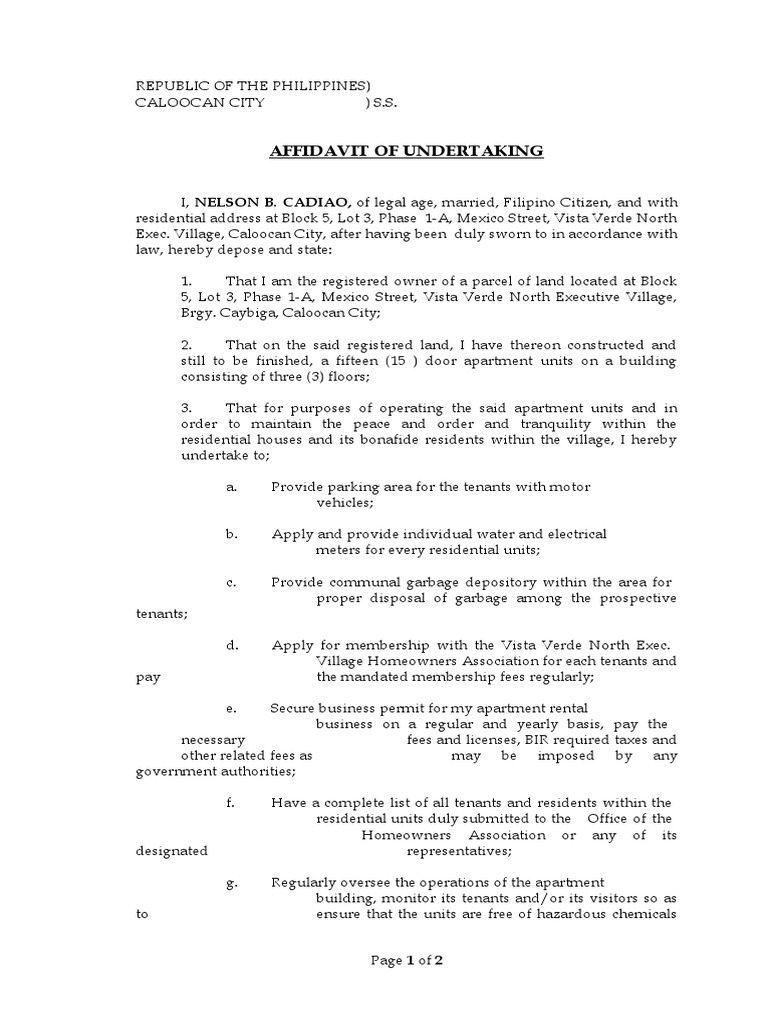 Affidavit Undertaking Rental Apartment | PDF | Affidavit | Justice