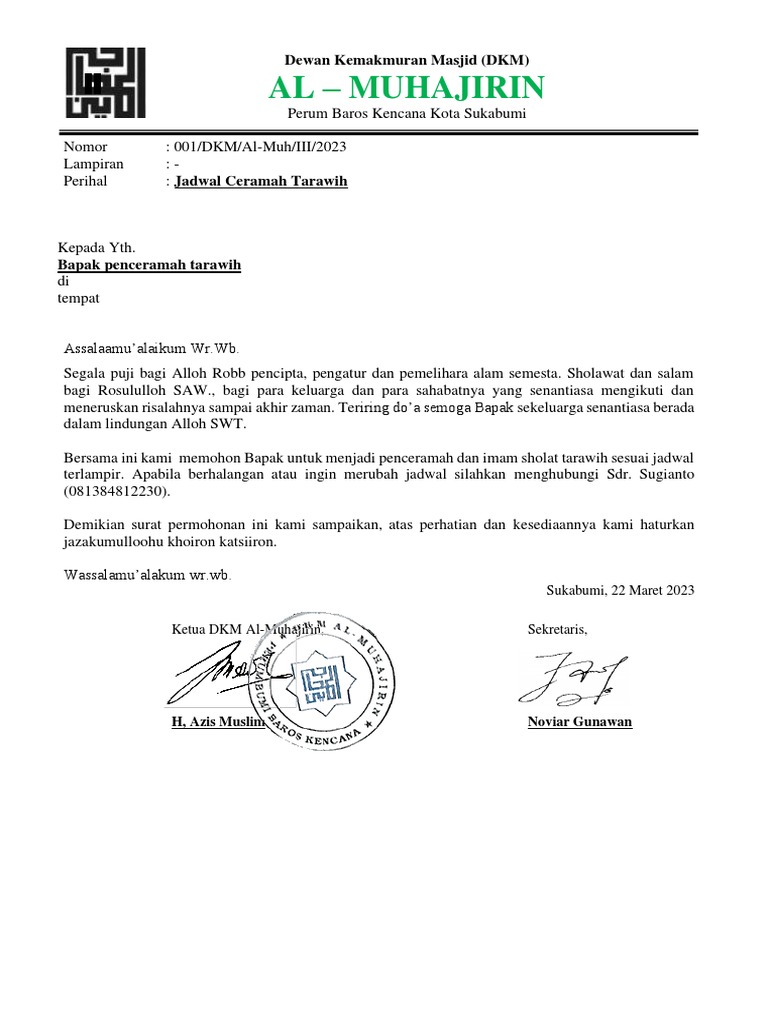 Surat Permohonan Menjadi Penceramah Dan Imam Tarawih | PDF