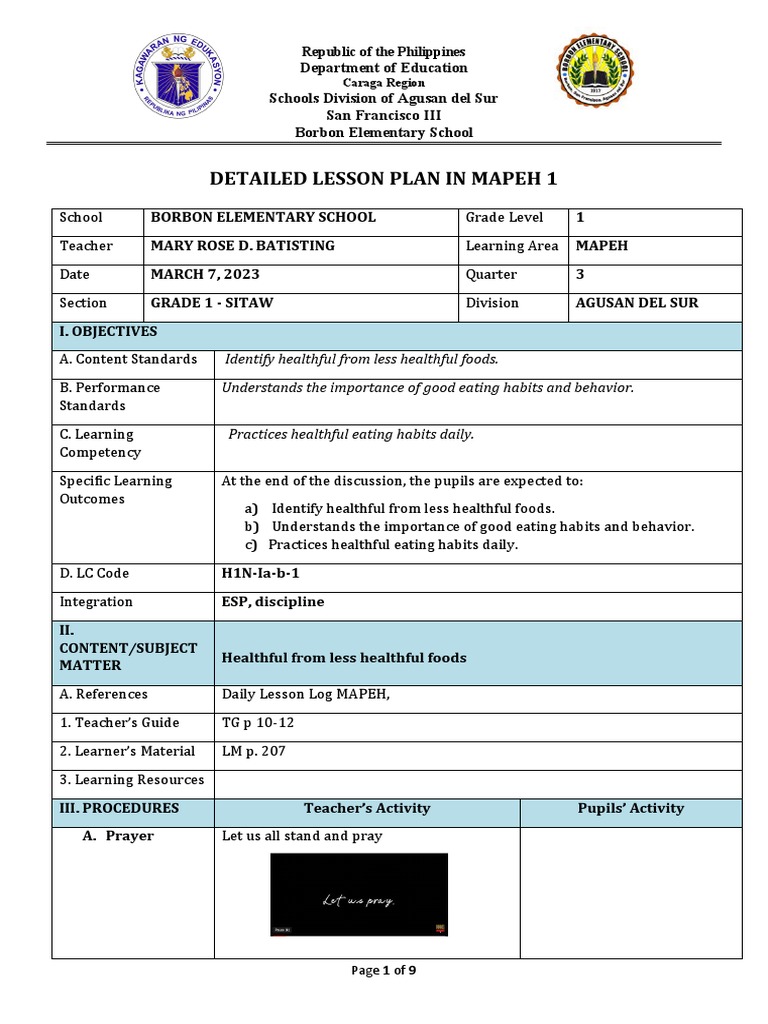 Detailed Lesson Plan in Mapeh (Health) 1 (Q3 W4) | PDF | Foods | Healthy Diet