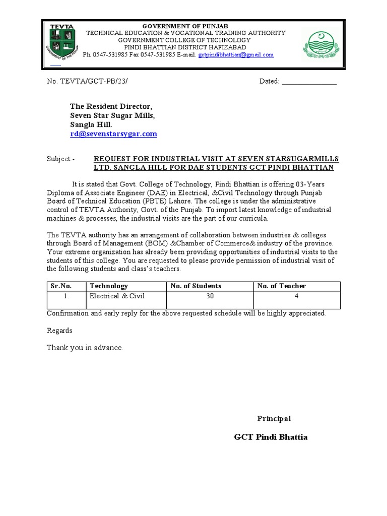 Industrial Visit Letters | PDF | Vocational Education | Educational Stages