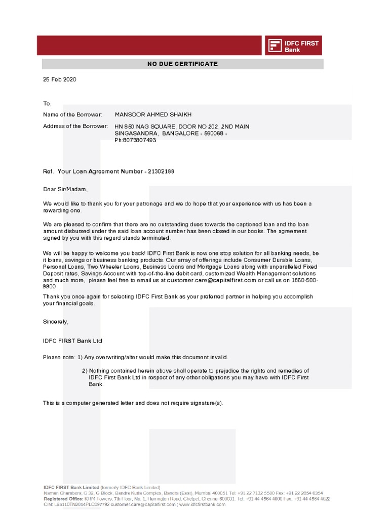 Idfc Noc | PDF | Finance & Money Management