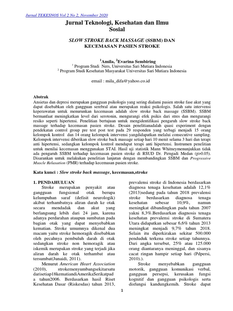 Jurnal SLOW STROKE BACK MASSAGE (SSBM) DAN KECEMASAN PASIEN STROKE | PDF
