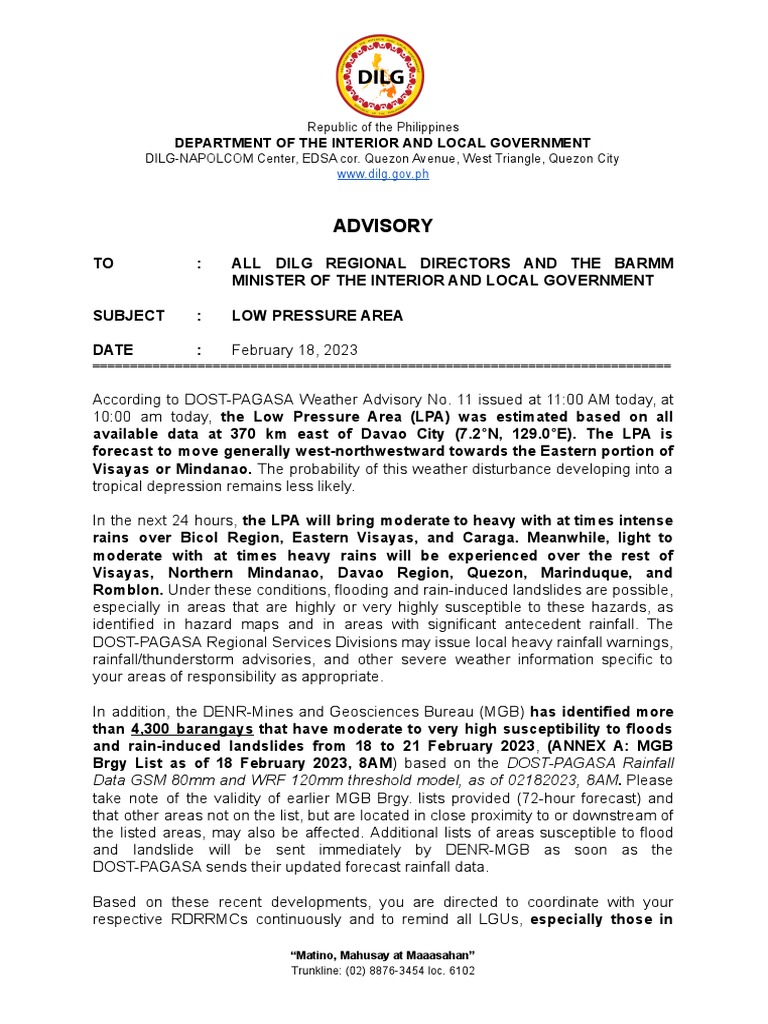 ADVANCE COPY 20230218 DILG ADVISORY No 02 On The LPA | PDF | Flood | Rain