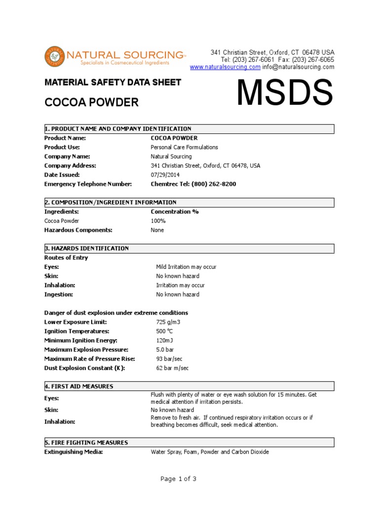 MSDS Cocoa Powder PDF | PDF | Firefighting | Toxicity