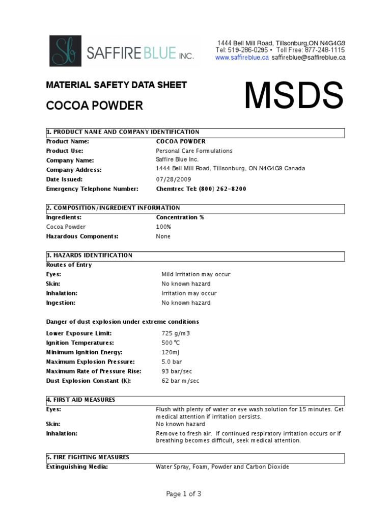 MSDS Cocoa Powder PDF | PDF | Firefighting | Hazards