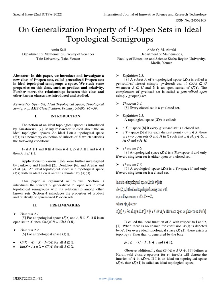 On Generalization Property of Is - Open Sets in Ideal Topological Semigroups | PDF | Continuous ...