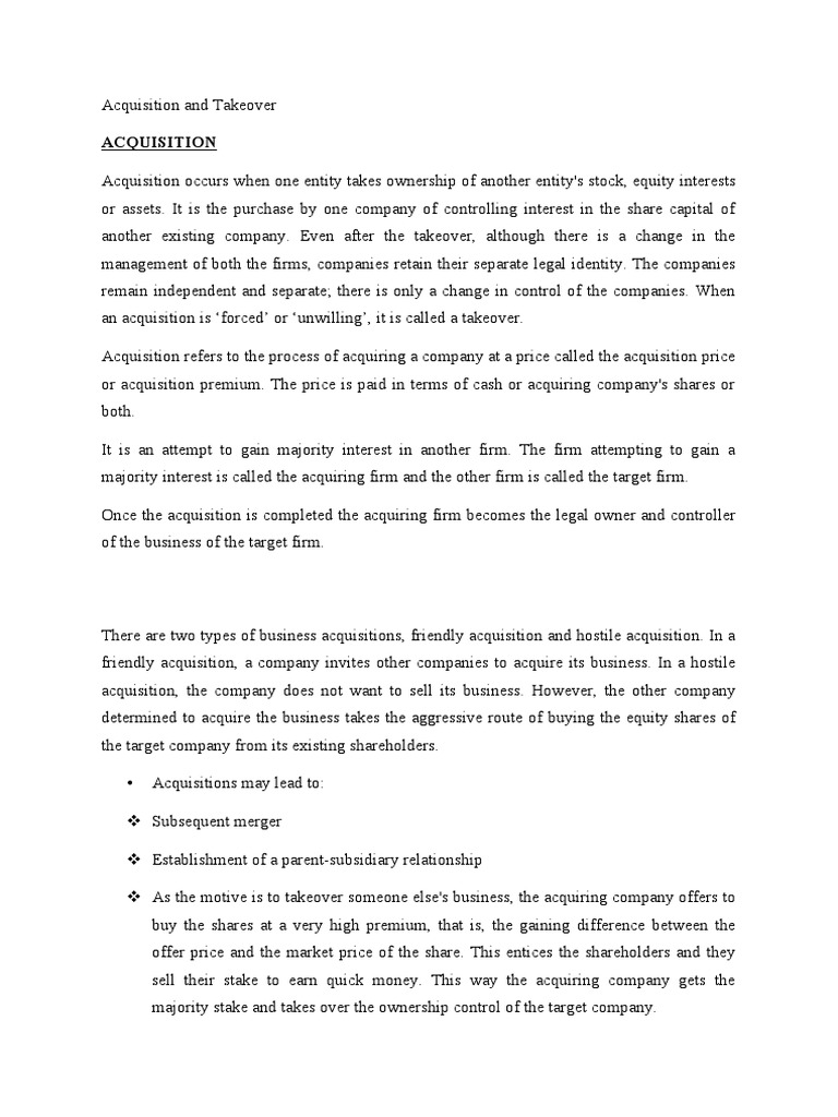 Acquisition and Takeover | PDF | Takeover | Stocks