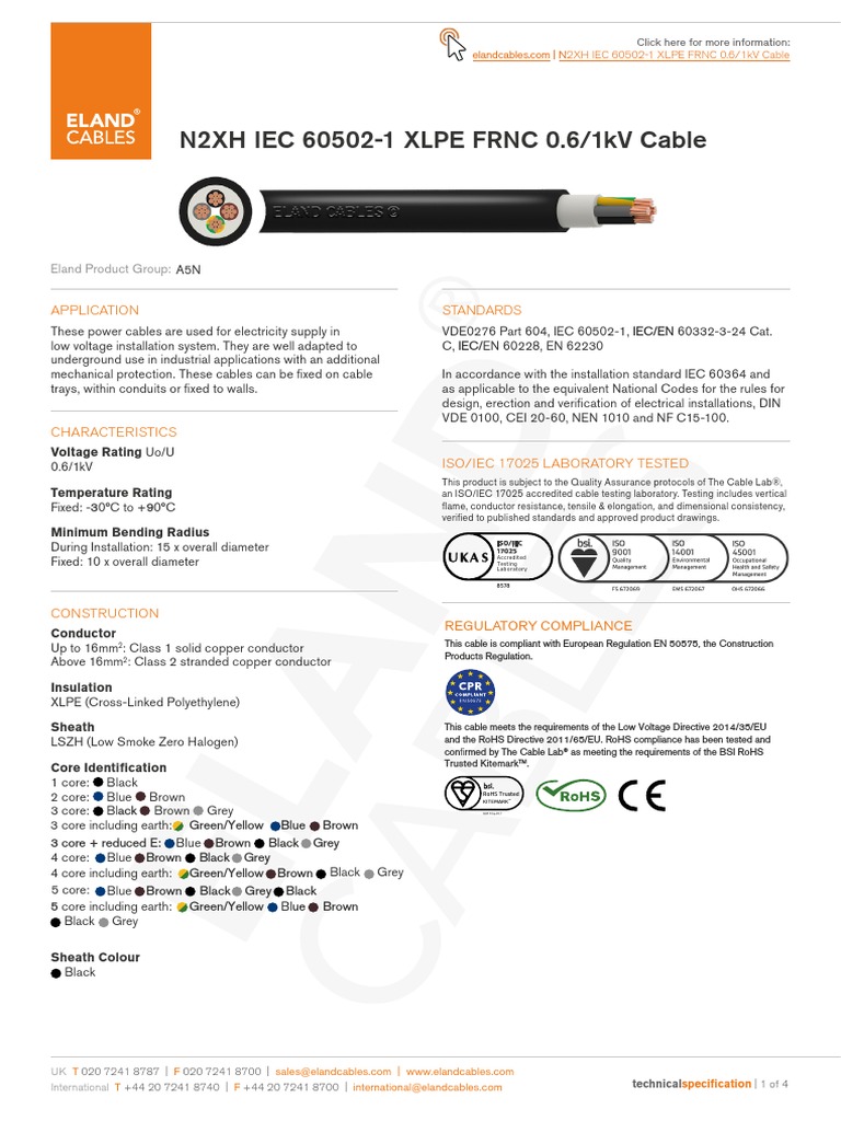 n2xh Iec 60502 1 Xlpe FRNC 0 6 1kv Cable | PDF | Electric Power | Materials