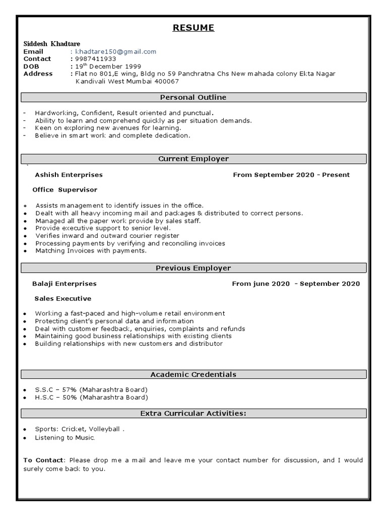 Office Supervisor Resume: Siddesh Khadtare | PDF | Career & Growth