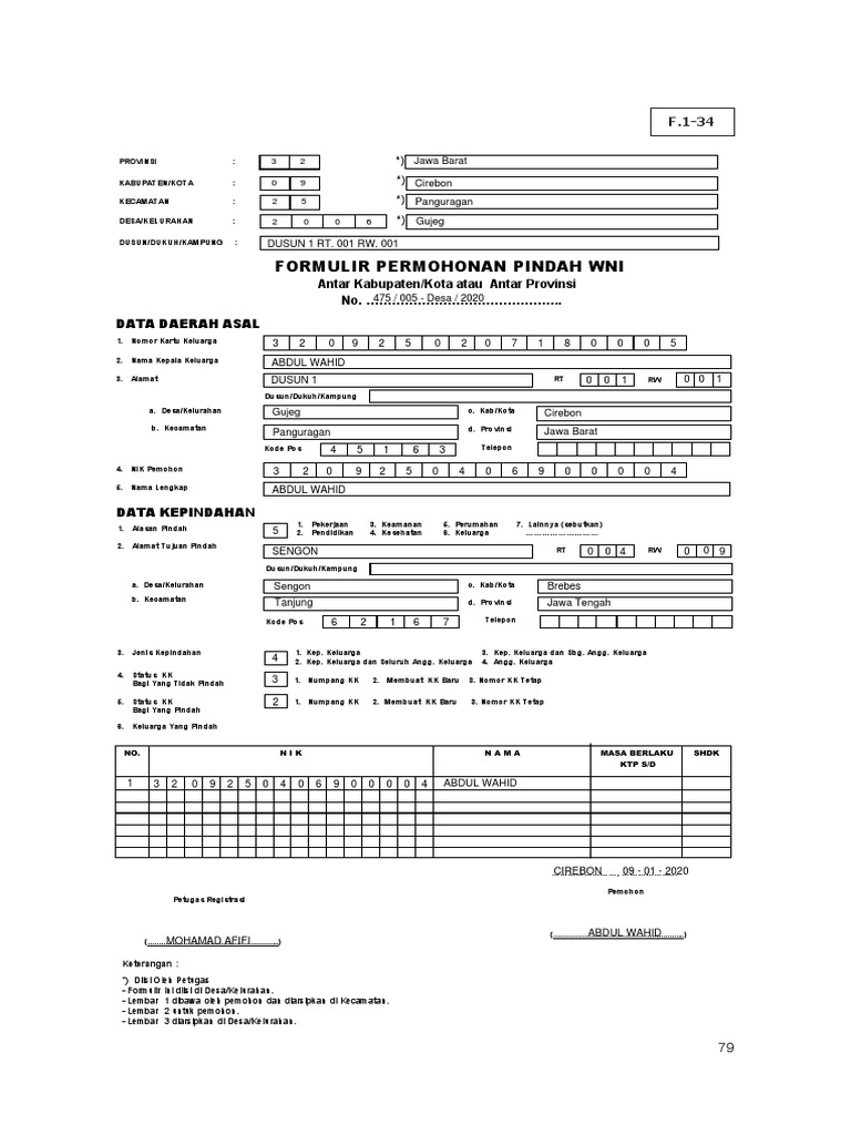 F-1.34 - FORMULIR PERMOHONAN PINDAH WNI ANTAR KABUPATEN - Abdul Wahid PDF | PDF