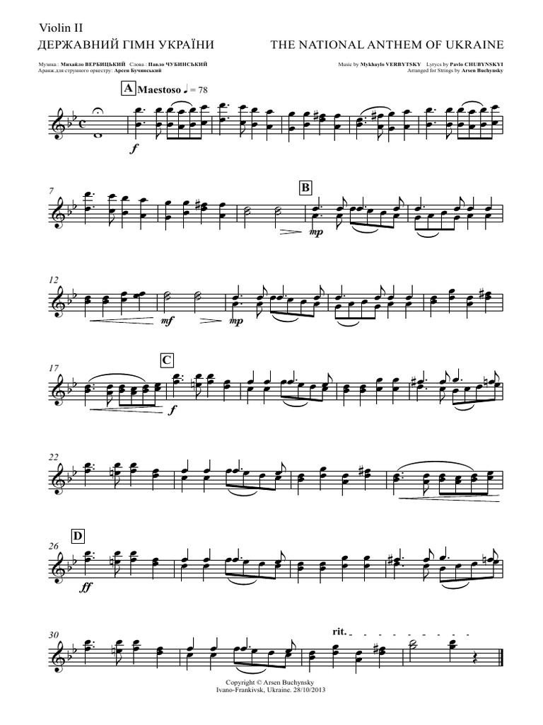 The National Anthem of Ukraine - Violin II PDF | PDF