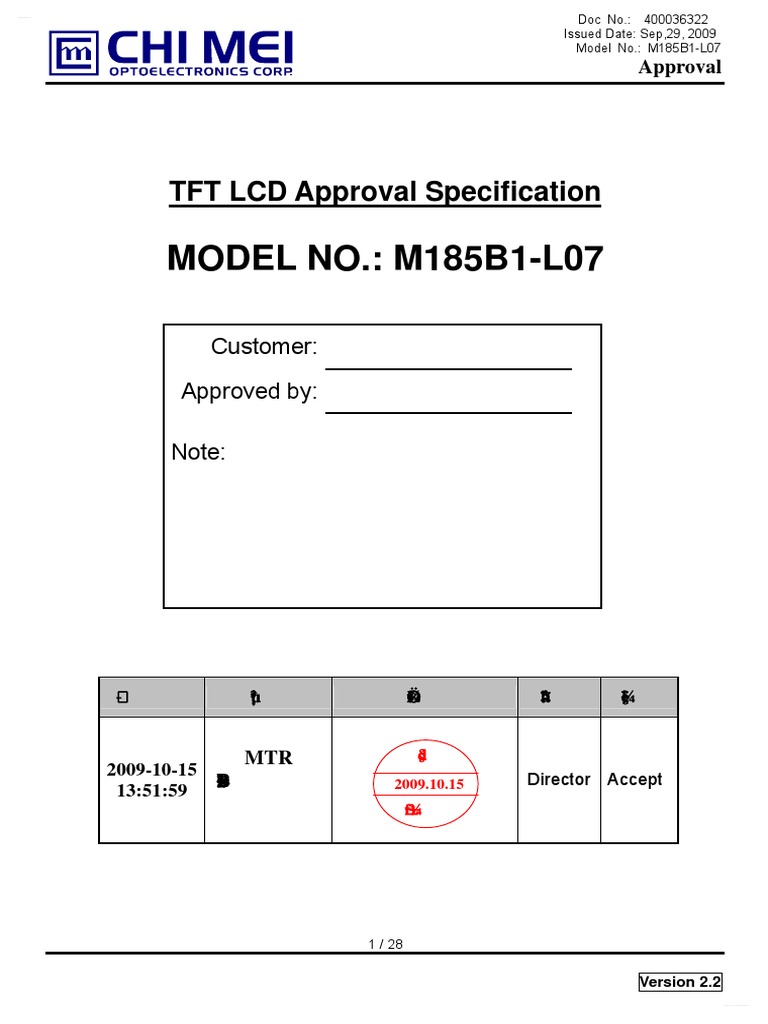 M185B1-L07 ChiMei Datasheet | PDF | Power Inverter | Thin Film Transistor Liquid Crystal Display