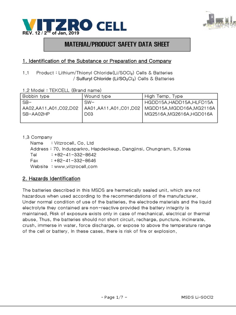 MSDS Vitzro (EN) 2019 PDF | PDF | Sulfur | Chlorine