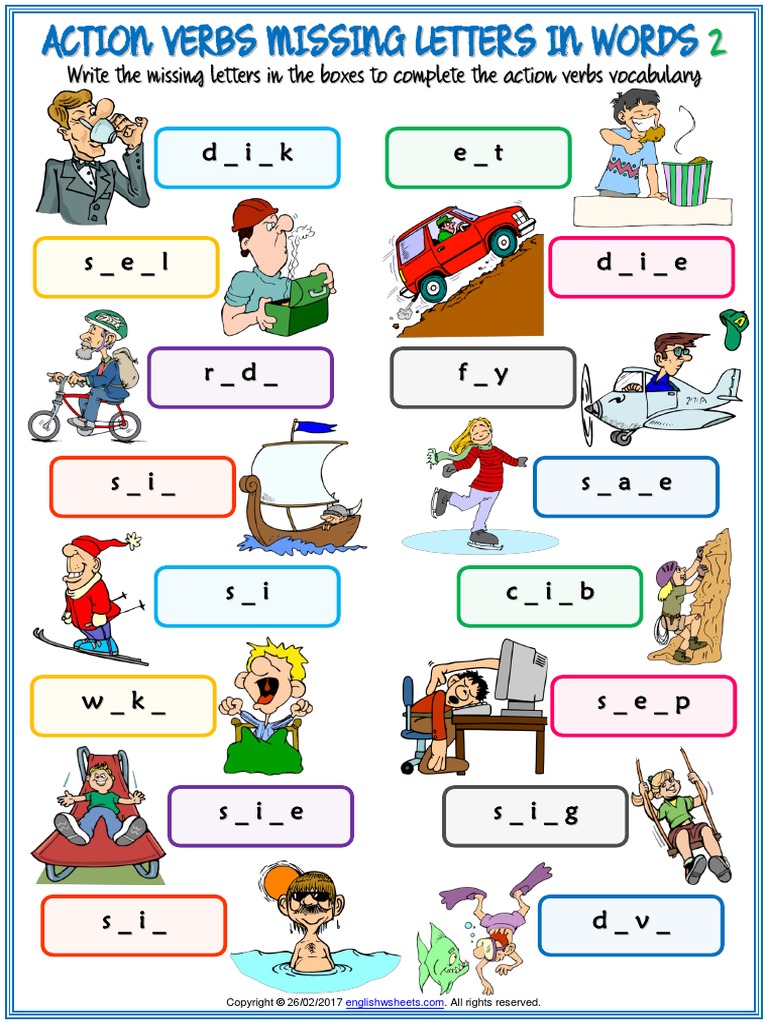 Action Verbs Vocabulary Esl Missing Letters in Words Worksheets For ...