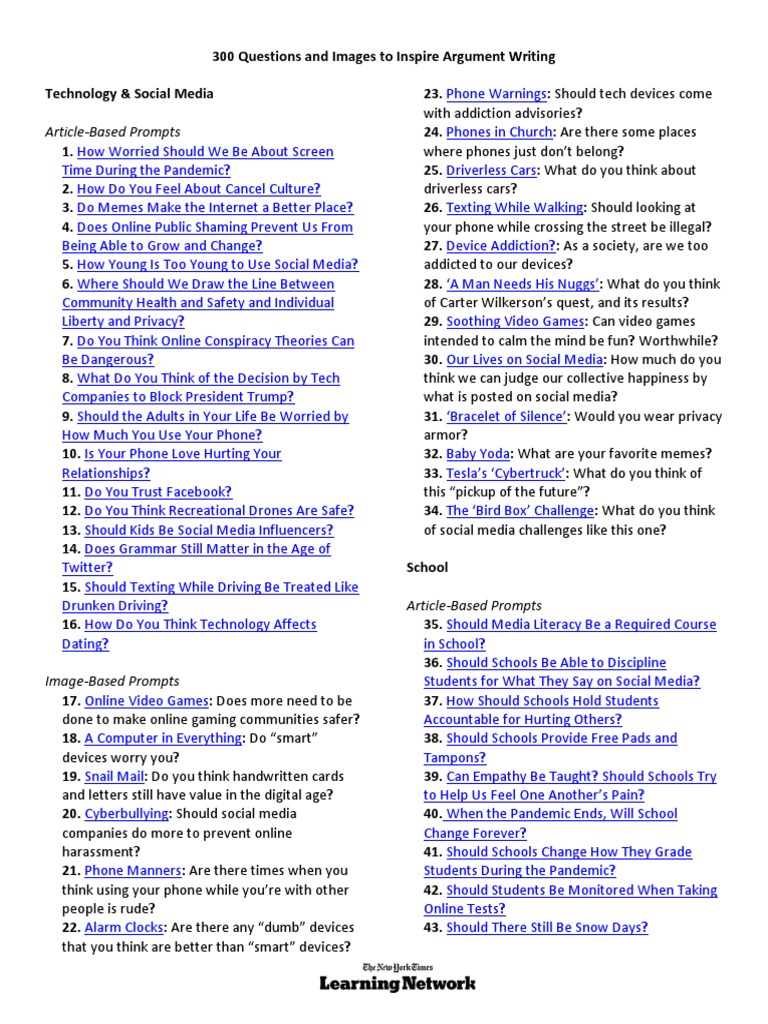 300 Argument Writing Prompts | PDF | Social Media | Popular Culture ...