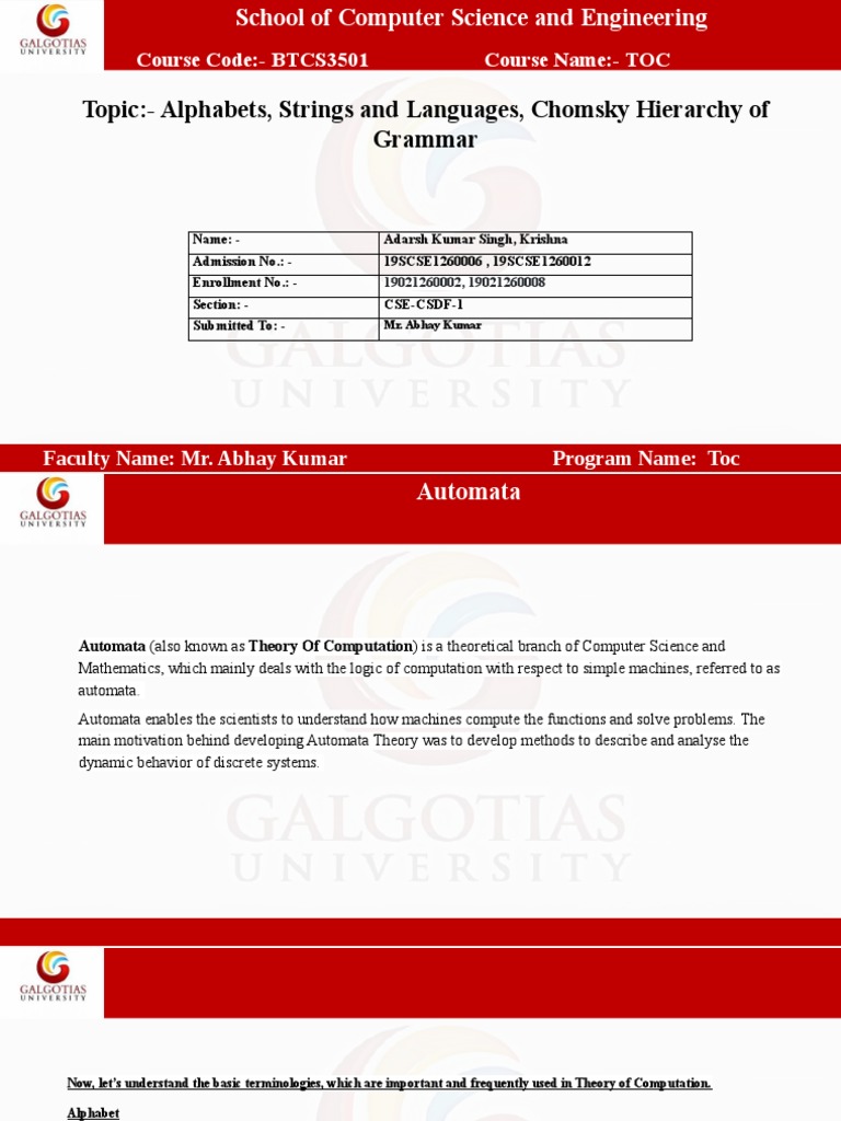 Topic:-Alphabets, Strings and Languages, Chomsky Hierarchy of Grammar | PDF | Mathematical Logic ...