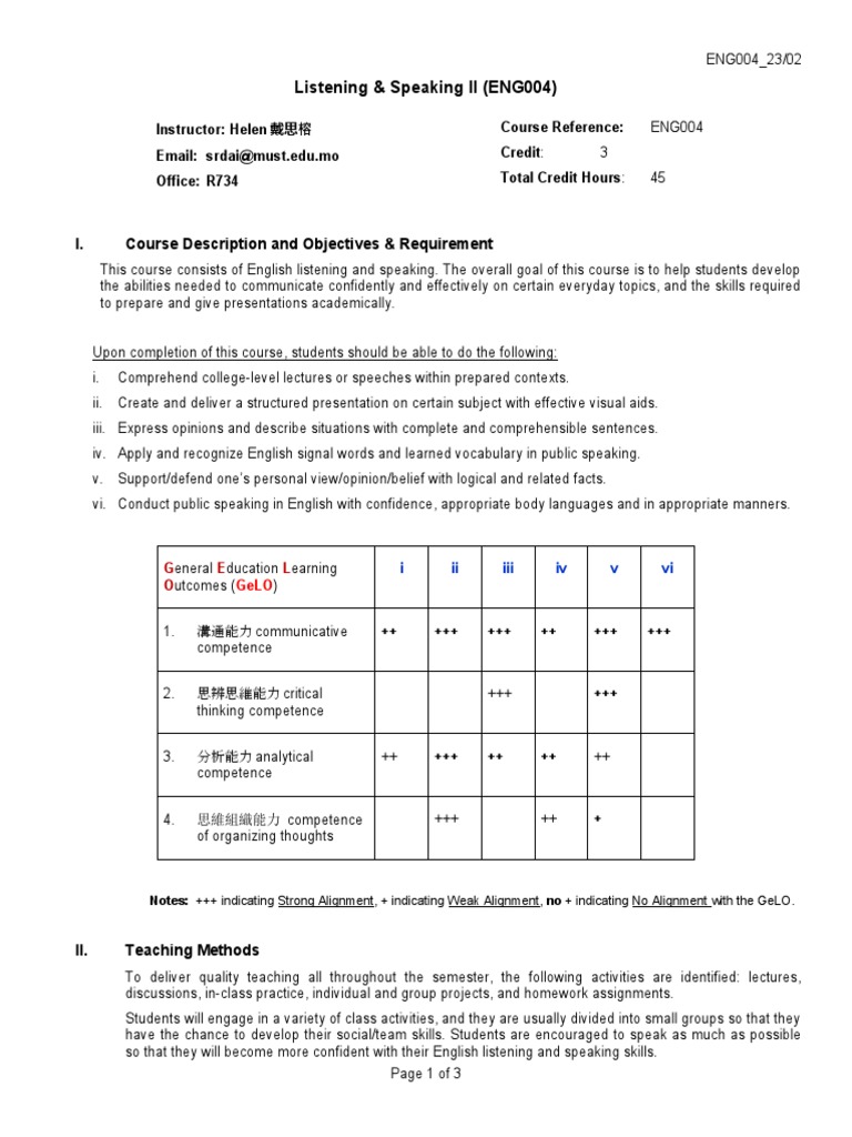 ENG004 Syllabus 2302 | PDF | Teaching Method | Behavior Modification