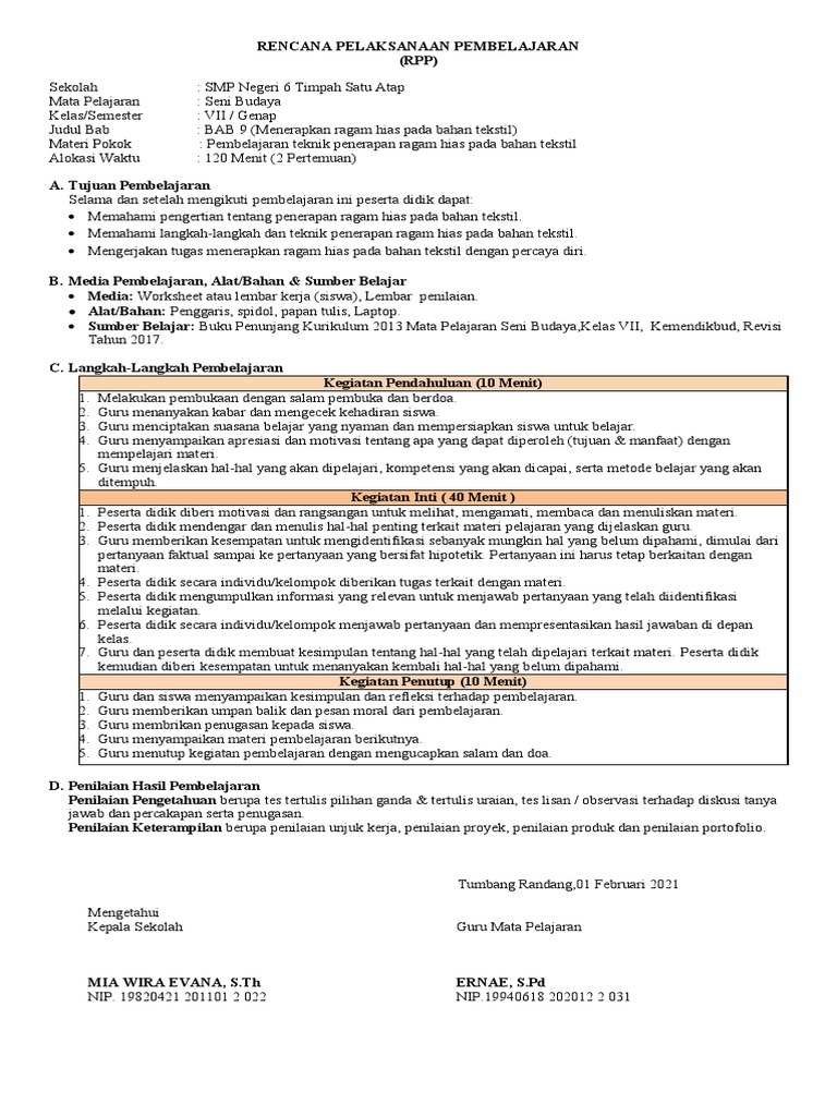 RPP SBK Kelas 7 Februari-Maret | PDF