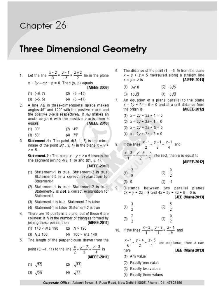 M - Ch-26 - Three Dimensional Geometry PDF | PDF | Line (Geometry) | Plane (Geometry)