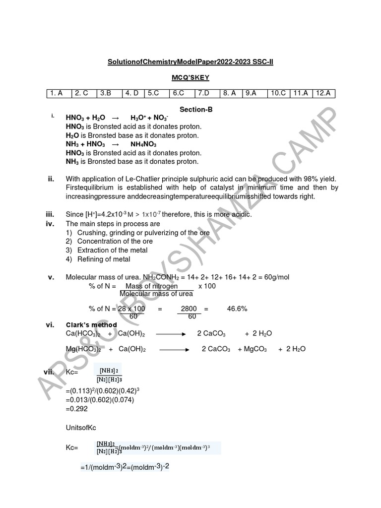 KEY Chemistry SSC-II Solution Model Paper I 28-02-23 | PDF | Ammonia ...