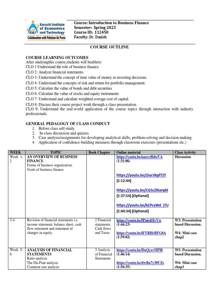 Introduction to Business Finance Syllabus | PDF | Valuation (Finance ...