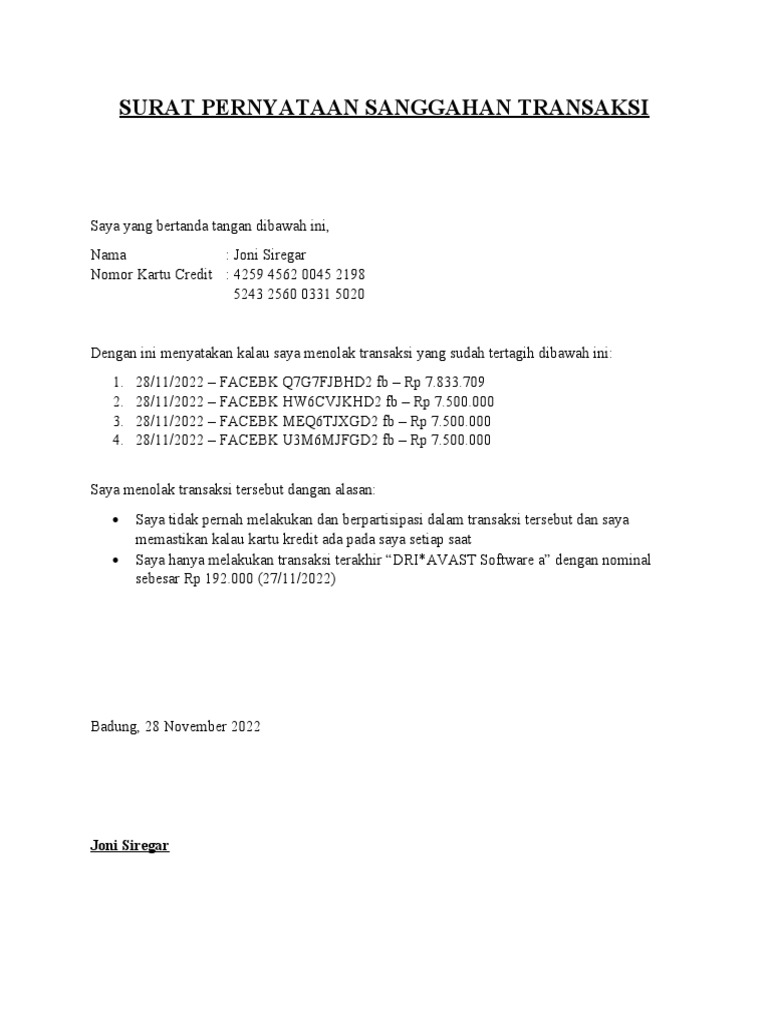 Surat Pernyataan Sanggahan Transaksi | PDF