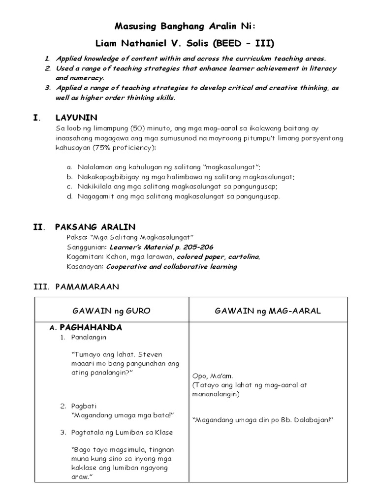 Detalyadong Banghay Aralin Sa Filipino I | PDF