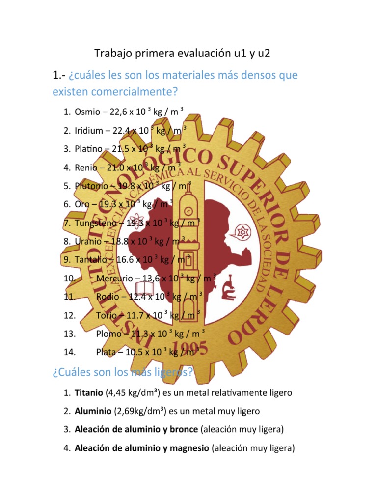 Trabajo Primera Evaluación U1 y U2 | PDF | Rieles | Acero