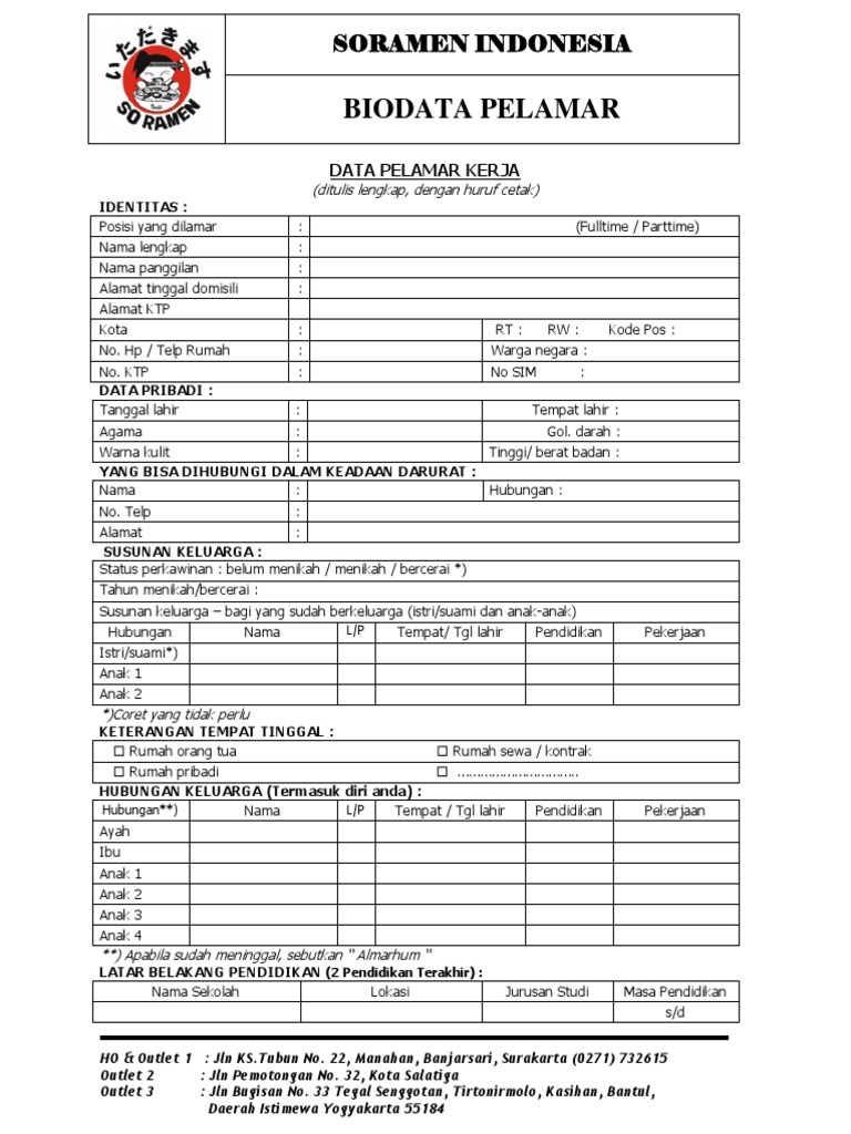 Form Data Diri Pelamar Kerja Soramen_Lengkap | PDF