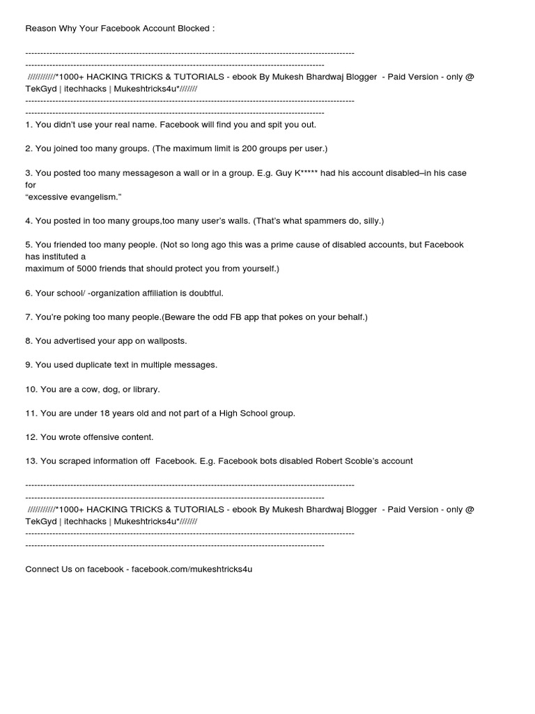 13 Reason Why Your Facebook Account Blocked | PDF