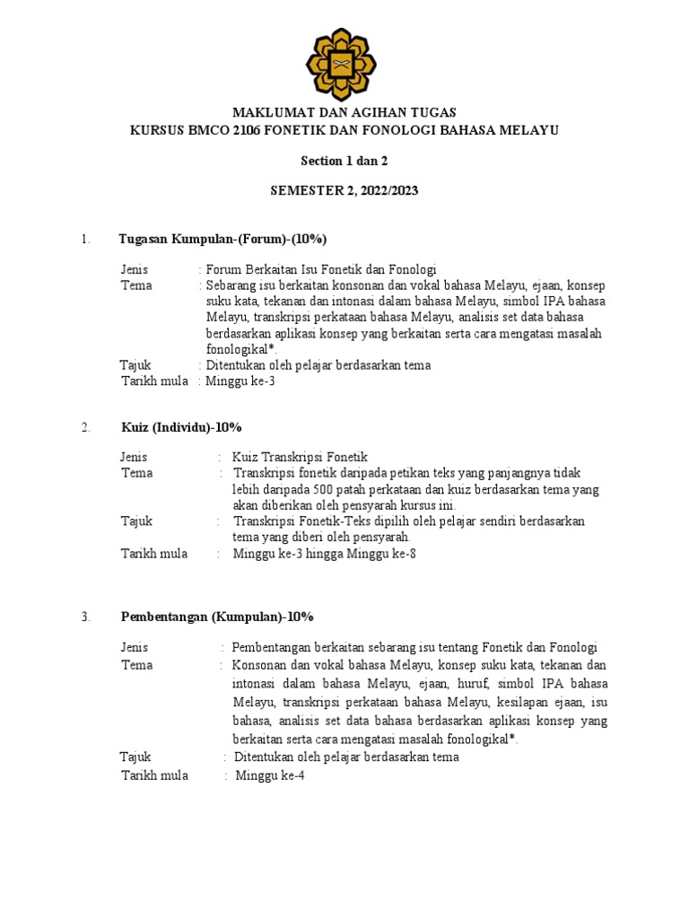 Agihan Tugasan Sem 2 2022 2023 Bmco 2106 Fonetik Dan Fonologi Bahasa Melayu | PDF