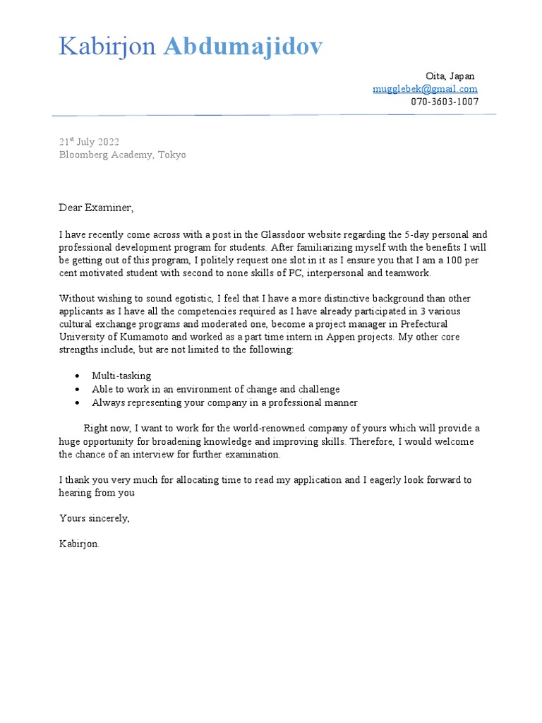 Cover Letter For Bloomberg Academy | PDF