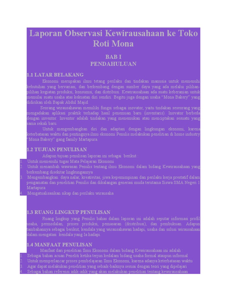Laporan Observasi Kewirausahaan Ke Toko Roti Mona | PDF