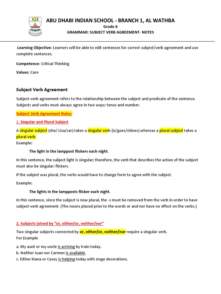 Subject Verb Agreement Notes Pdf Pdf Grammatical Number Subject