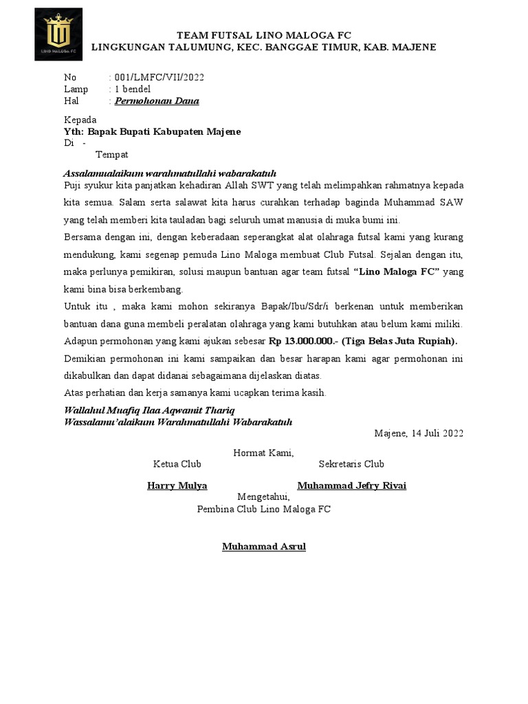 Permohonan Dana Lino Maloga FC | PDF
