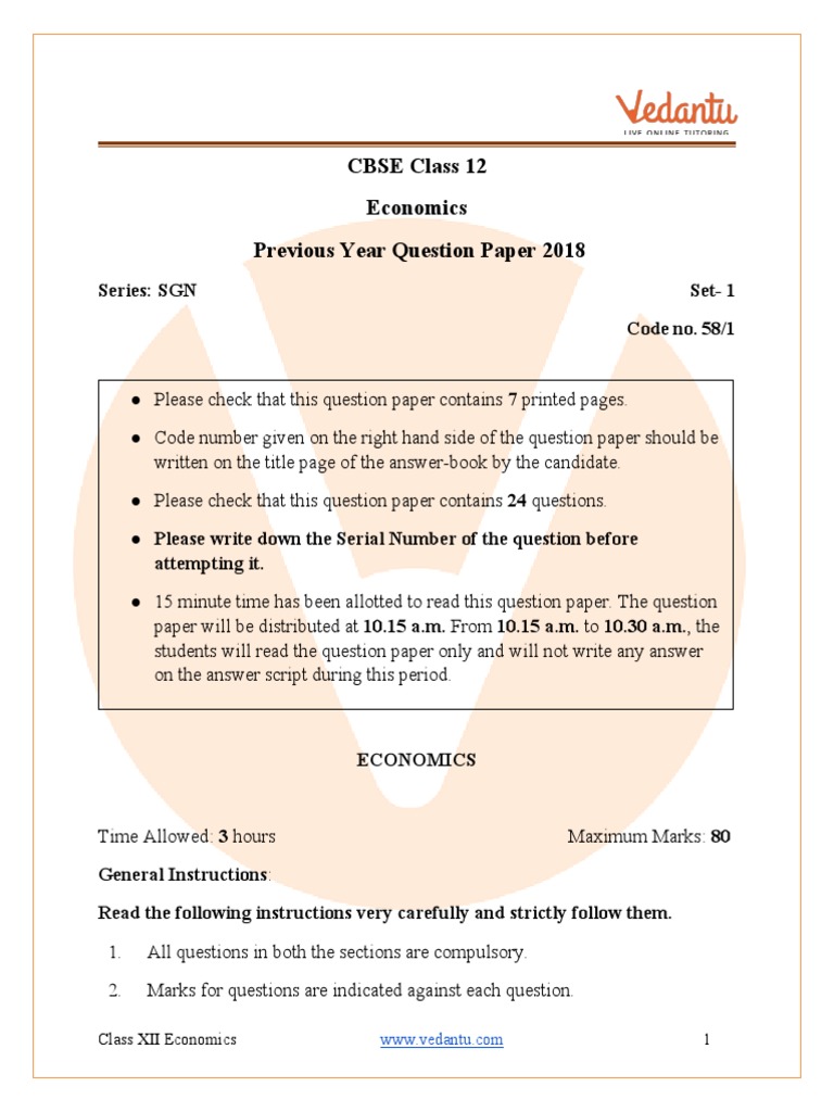 CBSE Class 12 Economics Question Paper 2018 PDF | PDF | Price ...