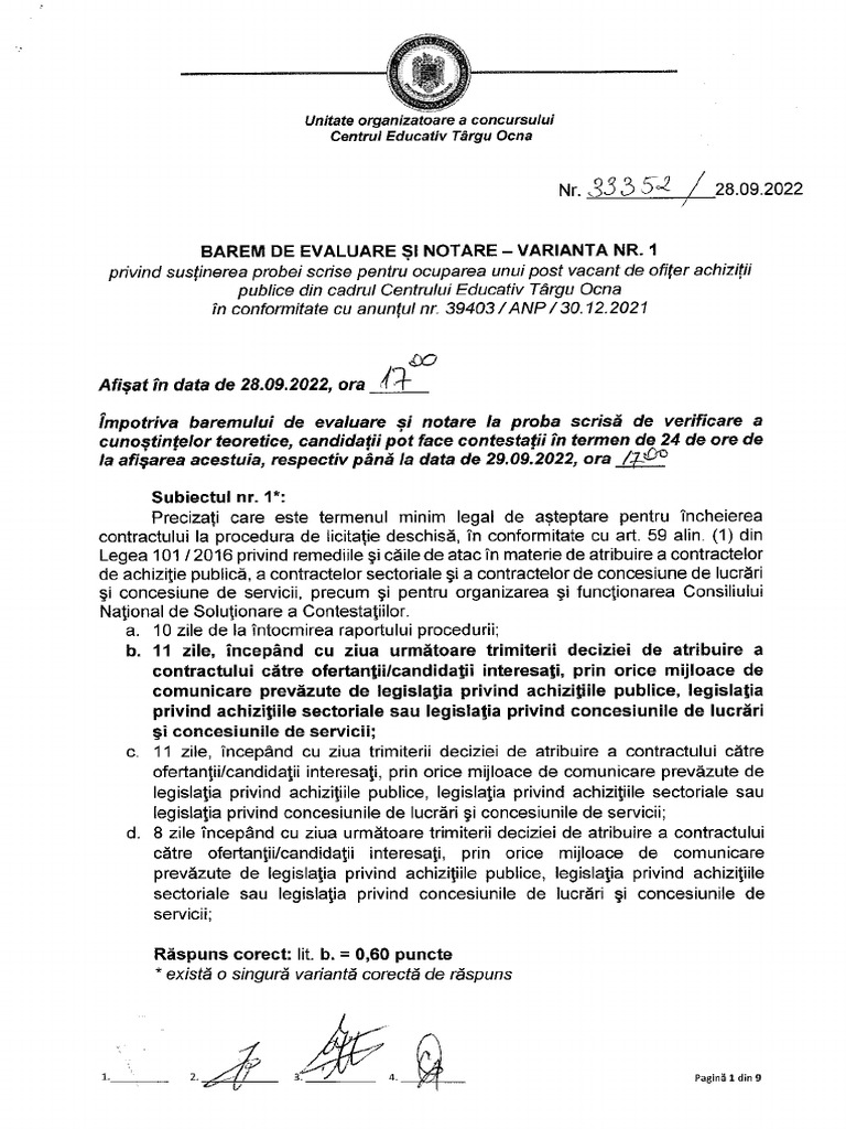 Barem de Evaluare Si Notare A Variantei de Subiecte Extrase Proba ...