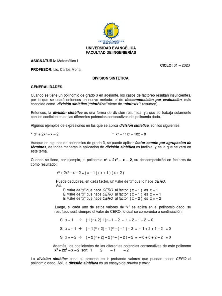 División Sintética de Polinomios | PDF | Factorización | Análisis numérico