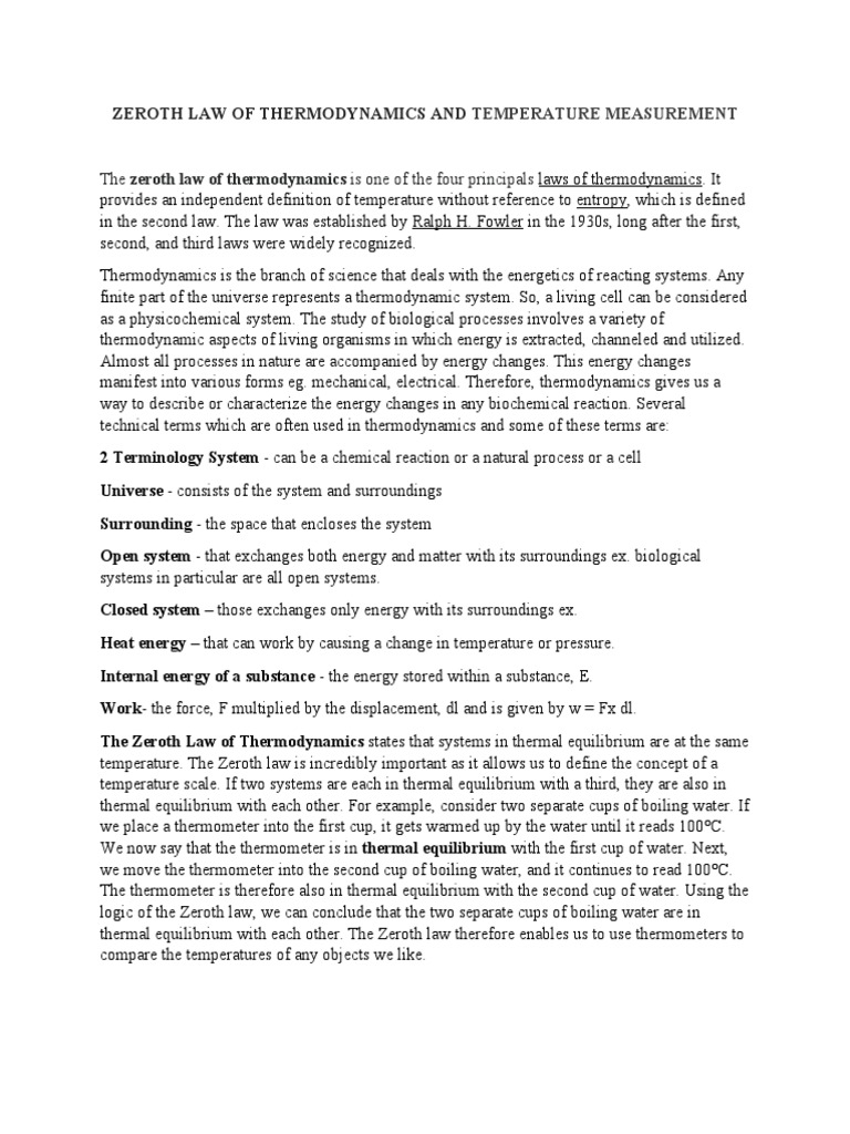 Zeroth Law of Thermodynamics and Temperature Measurement | PDF ...