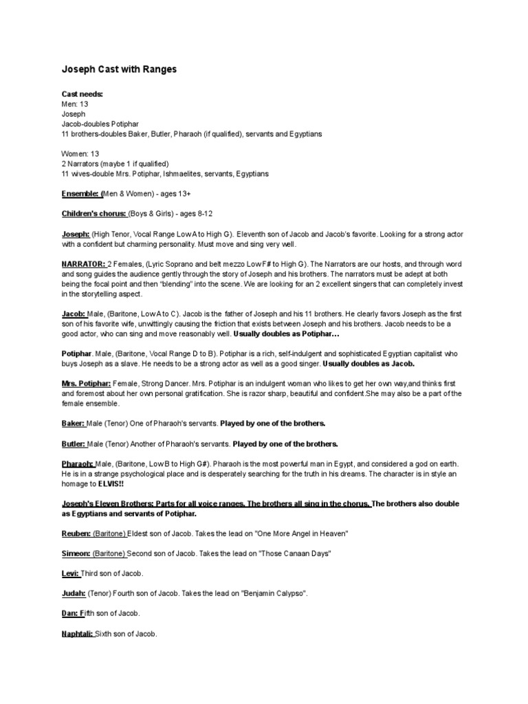 Joseph Cast and Vocal Ranges Guide | PDF | Jacob | Israelites