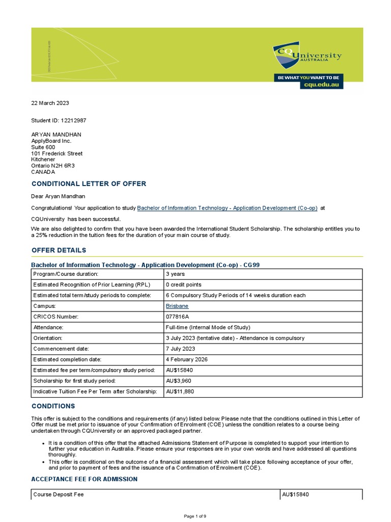 Mandhan Aryan Letter of Offer | PDF | Travel Visa | Credit Card