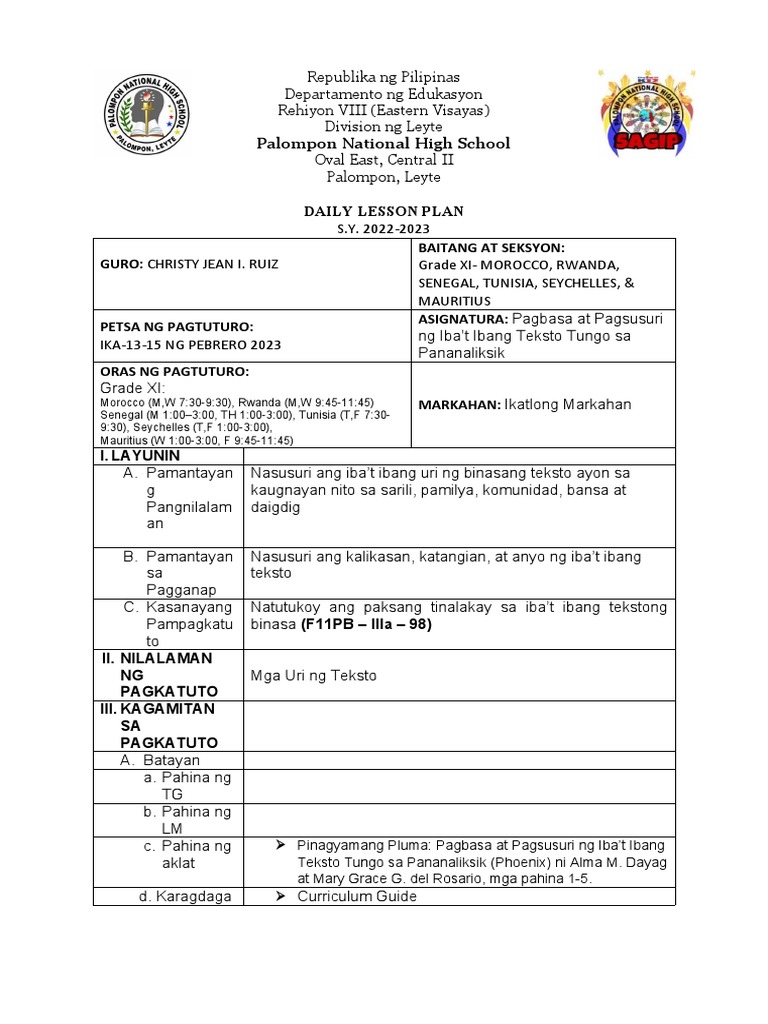 Banghay-Aralin Sa Pagbasa at Pagsusuri NG Iba't Ibang Teksto Tungo Sa ...