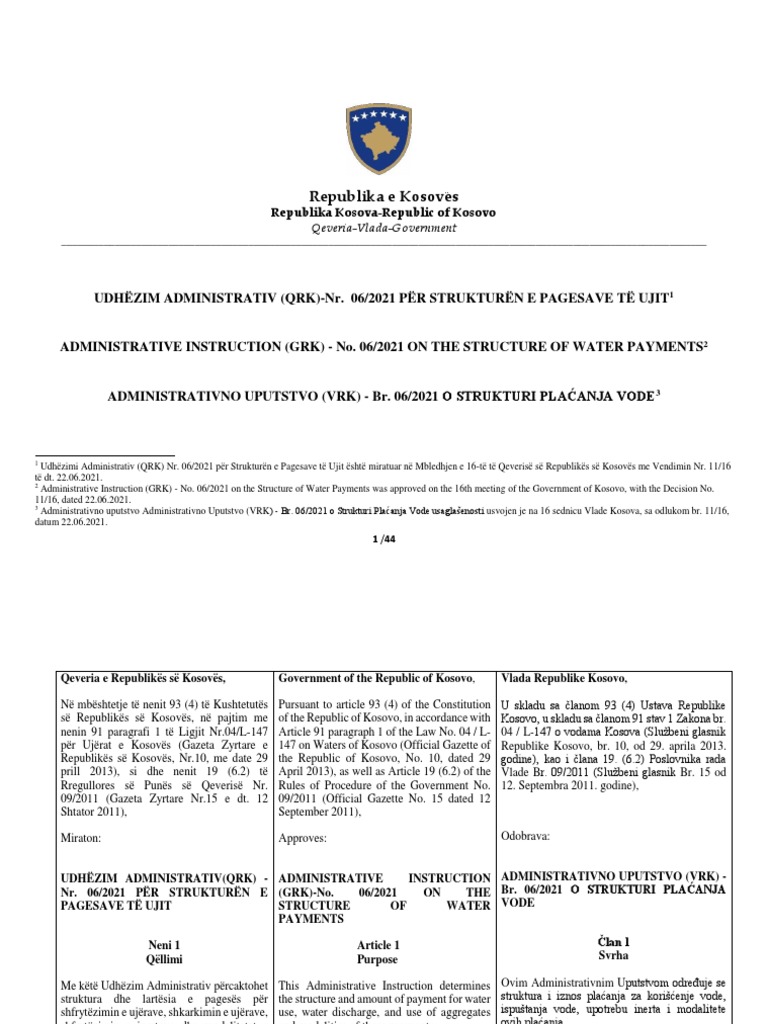 UDHËZIM ADMINISTRATIV (QRK) - Nr. 06 2021 PËR STRUKTURËN E PAGESAVE TË UJIT PDF | PDF
