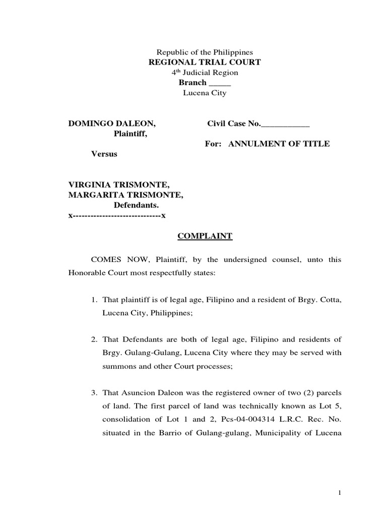 Pintano, Erika Vanessa F. - Annulment of Title Complaint PDF | PDF | Lawsuit | Complaint