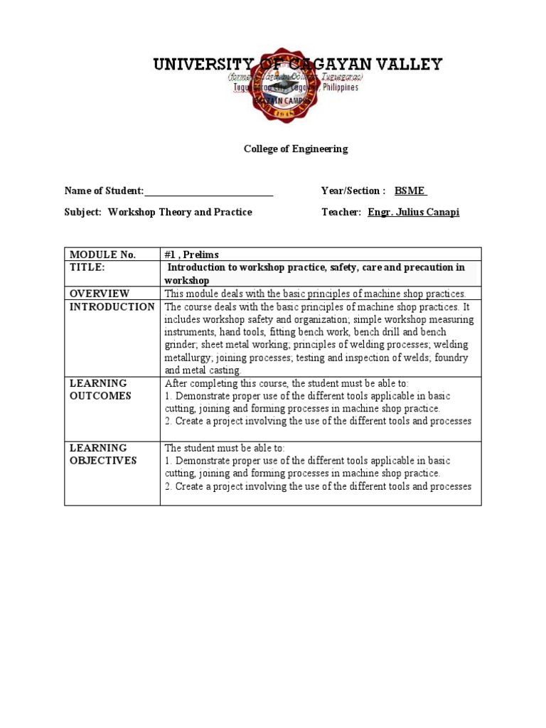 Module 1 Prelims Workshop Theory And Practice 1a Pdf Machining