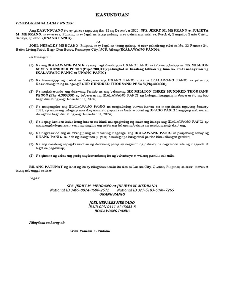 Kasunduan Sample | PDF