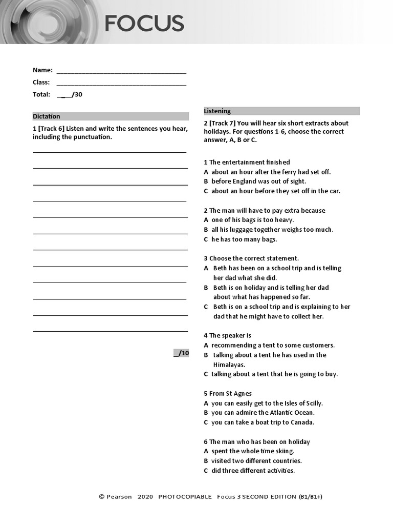 Focus3 2E Unit Test Dictation Listening Reading Unit3 GroupA | PDF