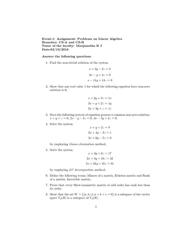 Linear Algebra Assignment | PDF | Basis (Linear Algebra) | Linear Subspace Linear Algebra Assignment | PDF | Basis (Linear Algebra) | Linear Subspace