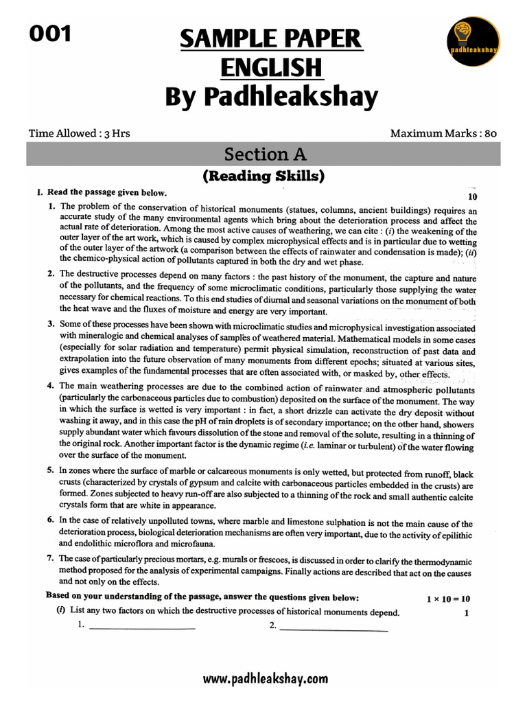 English Sample Paper 001. | PDF